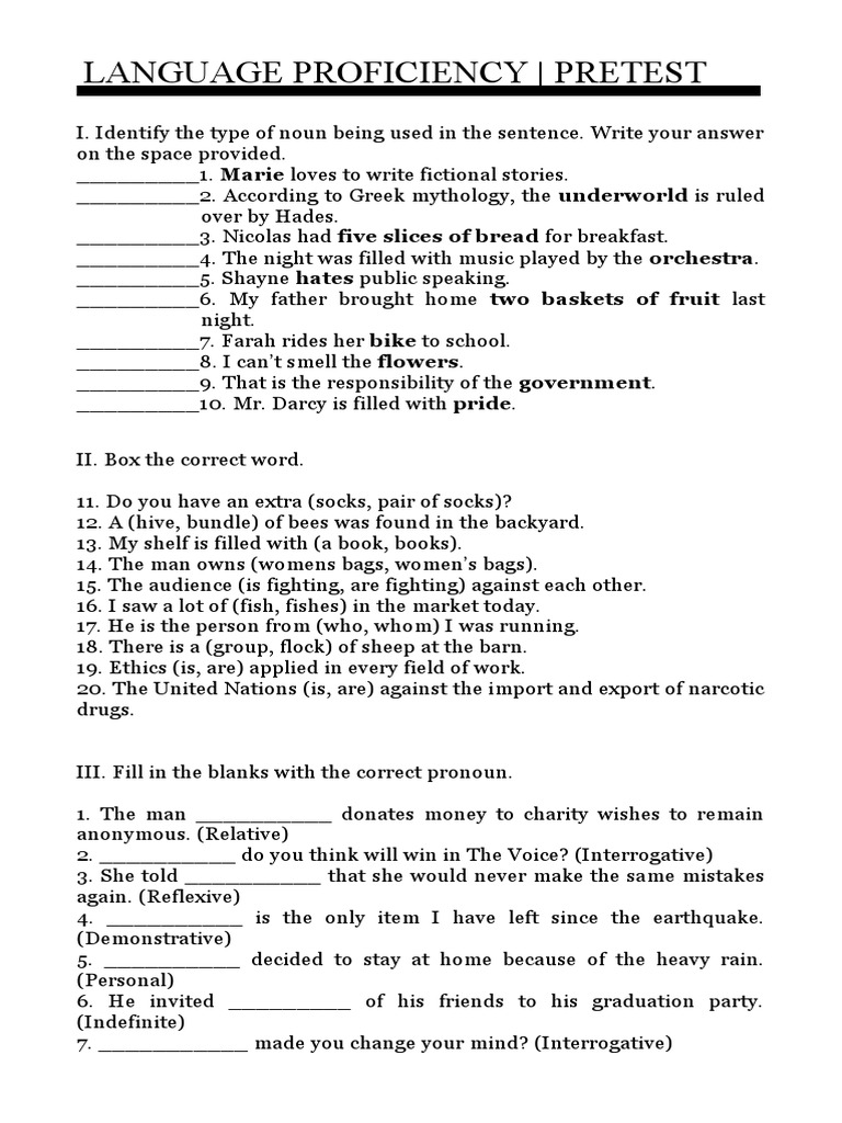 Language Proficiency Pre Test | PDF