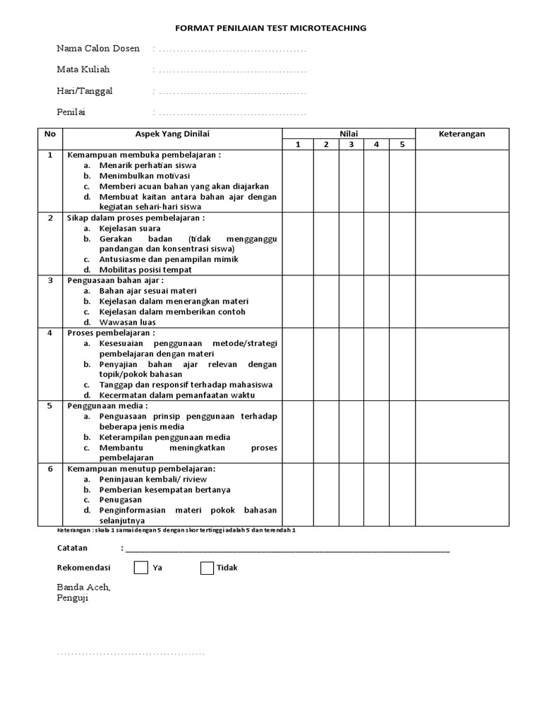 Format Penilaian Praktek Microteaching | PDF | Karier & Perkembangan | Ilmu Sosial