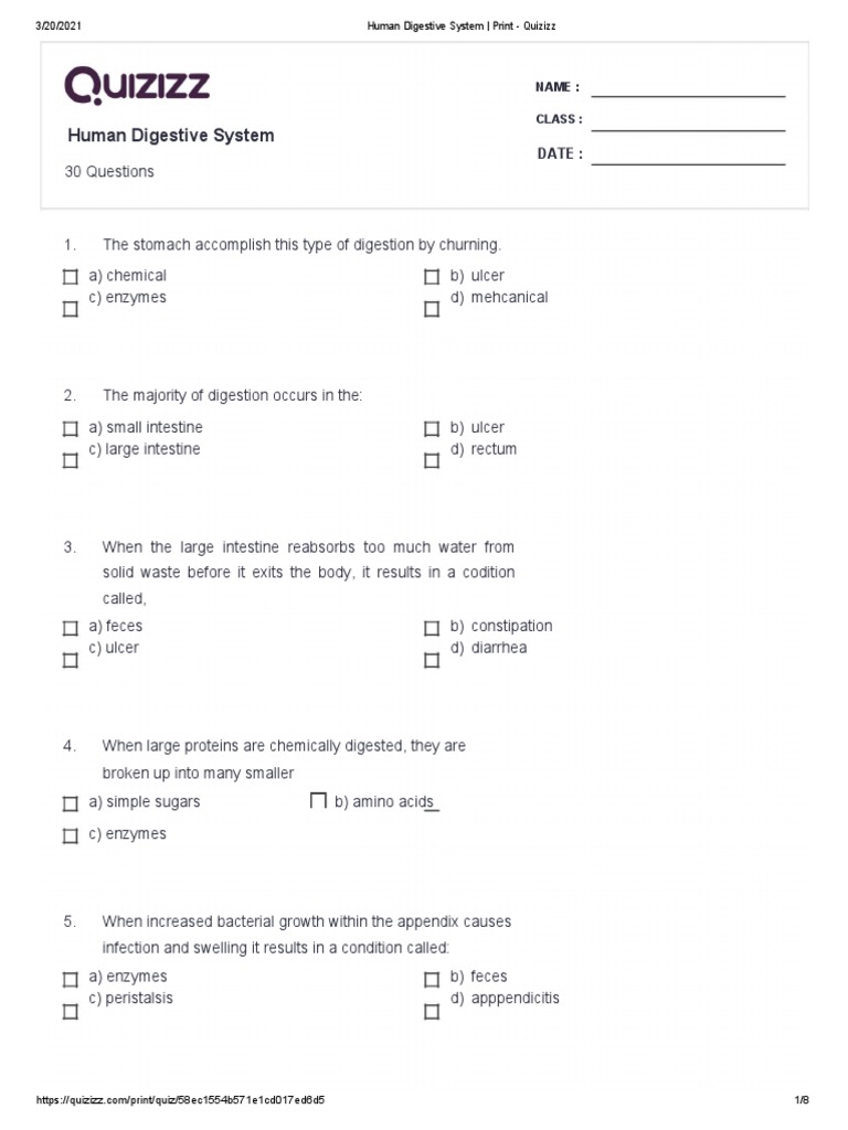 Digestive System MCQ Quiz with Answers | PDF | Digestion | Human ...