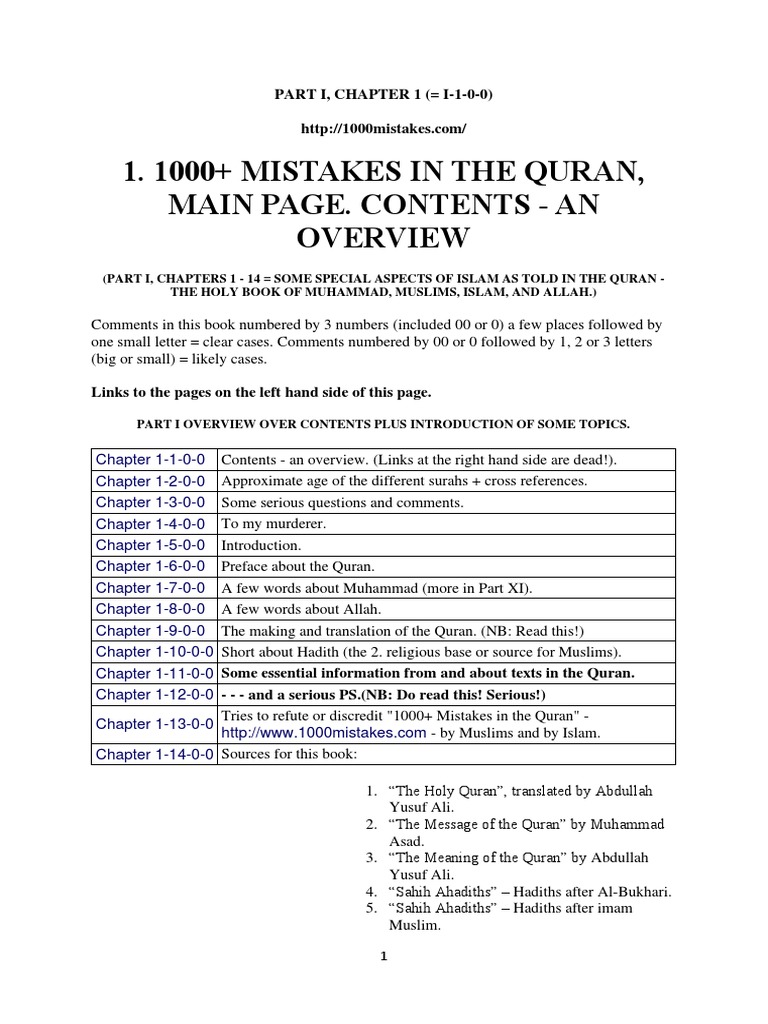 1000+ Mistakes in The Quran, Main Page. Contents - An: PART I, CHAPTER ...