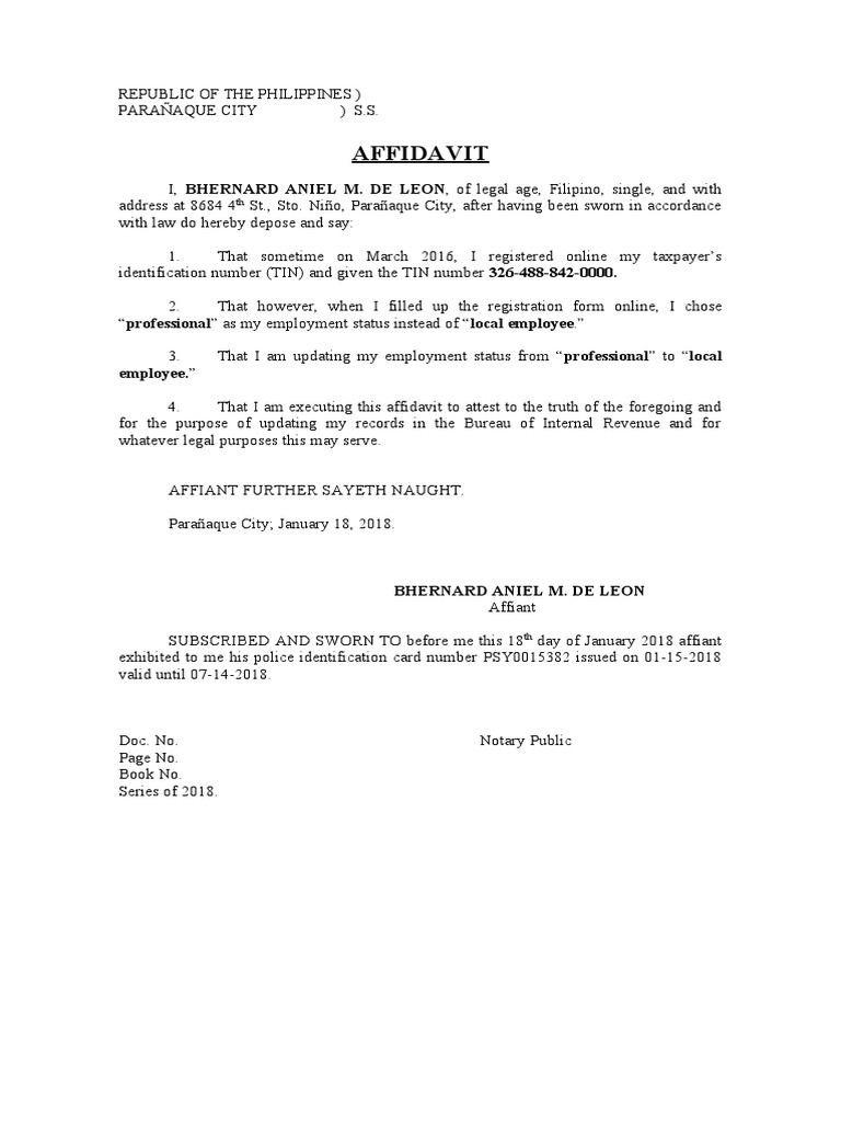 Affidavit: Republic of The Philippines) Parañaque City) S.S | PDF