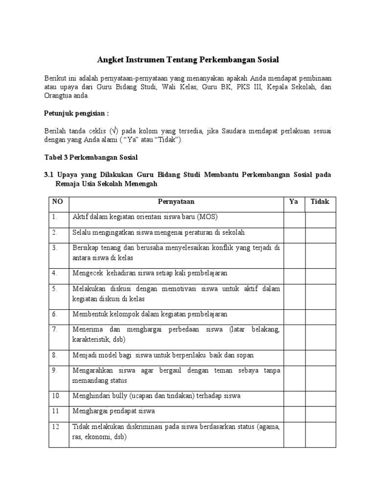 Angket Instrumen Tentang Perkembangan Sosial | PDF