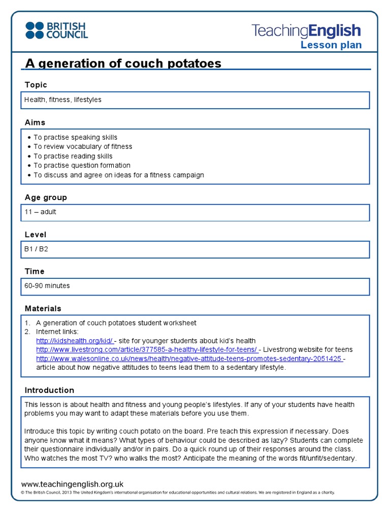 Couch Potato Lifestyle Lesson Plan | PDF | Sedentary Lifestyle | Lesson ...