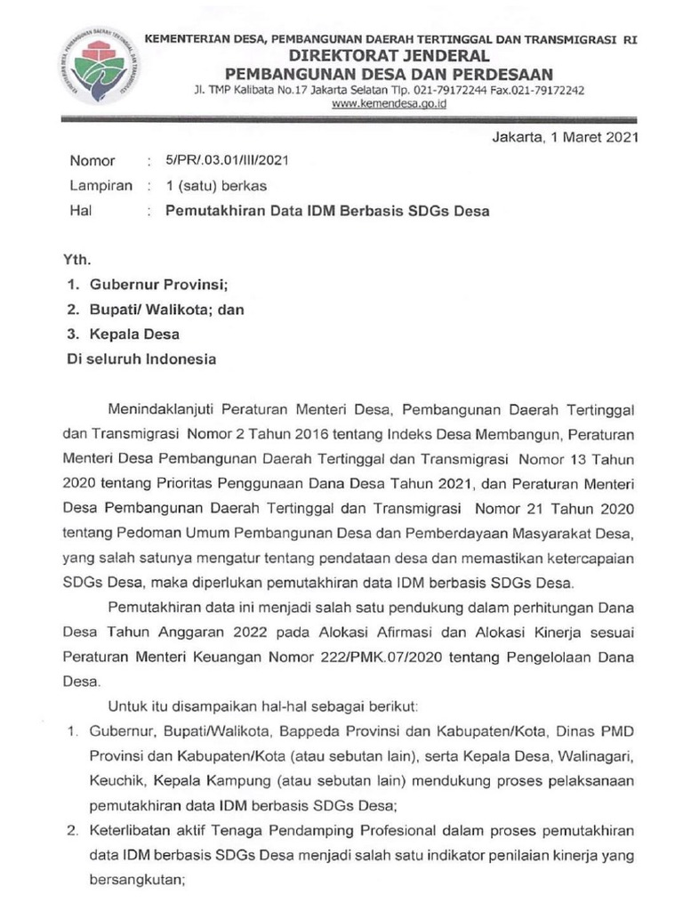 Surat Pemutakhiran Data IDM Berbasis SDGs Desa | PDF
