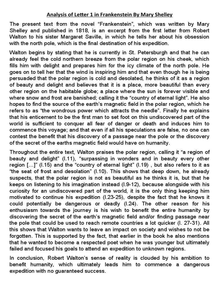 Analysis of Walton's Letter 1 in Frankenstein | PDF | Frankenstein