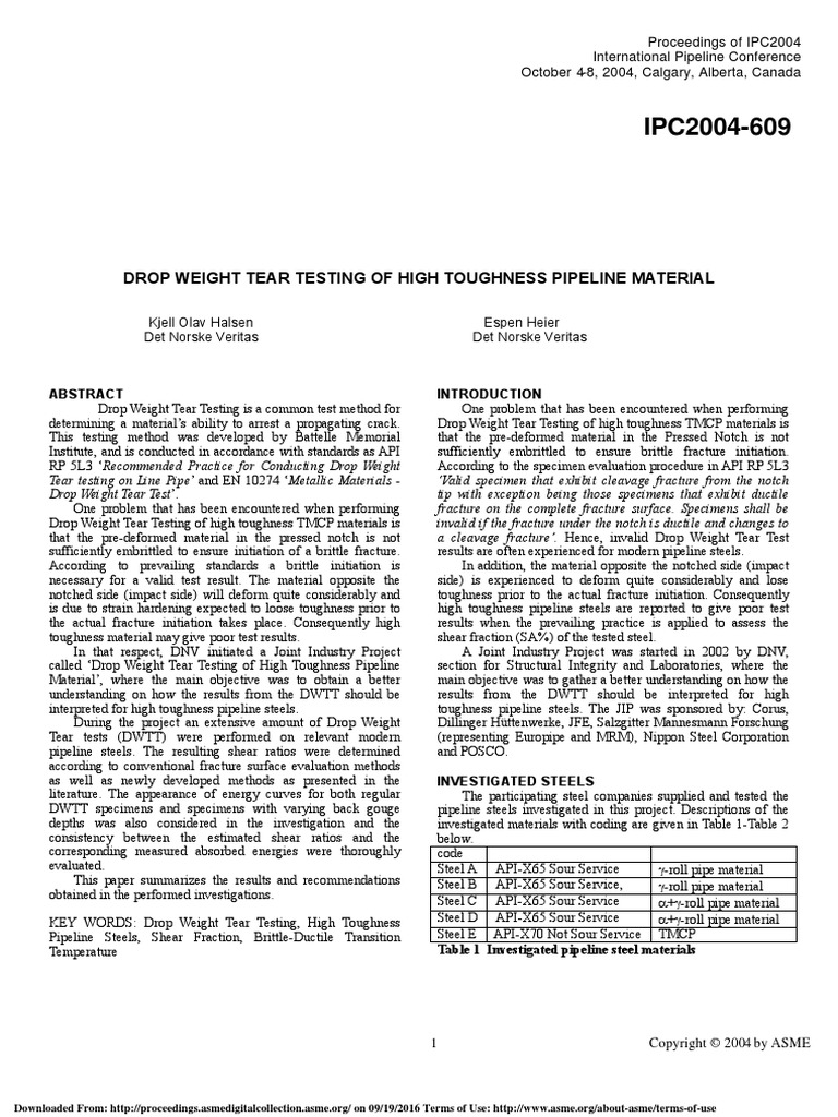 Drop Weight Tear Testing of High Toughness Pipeline Material | PDF ...