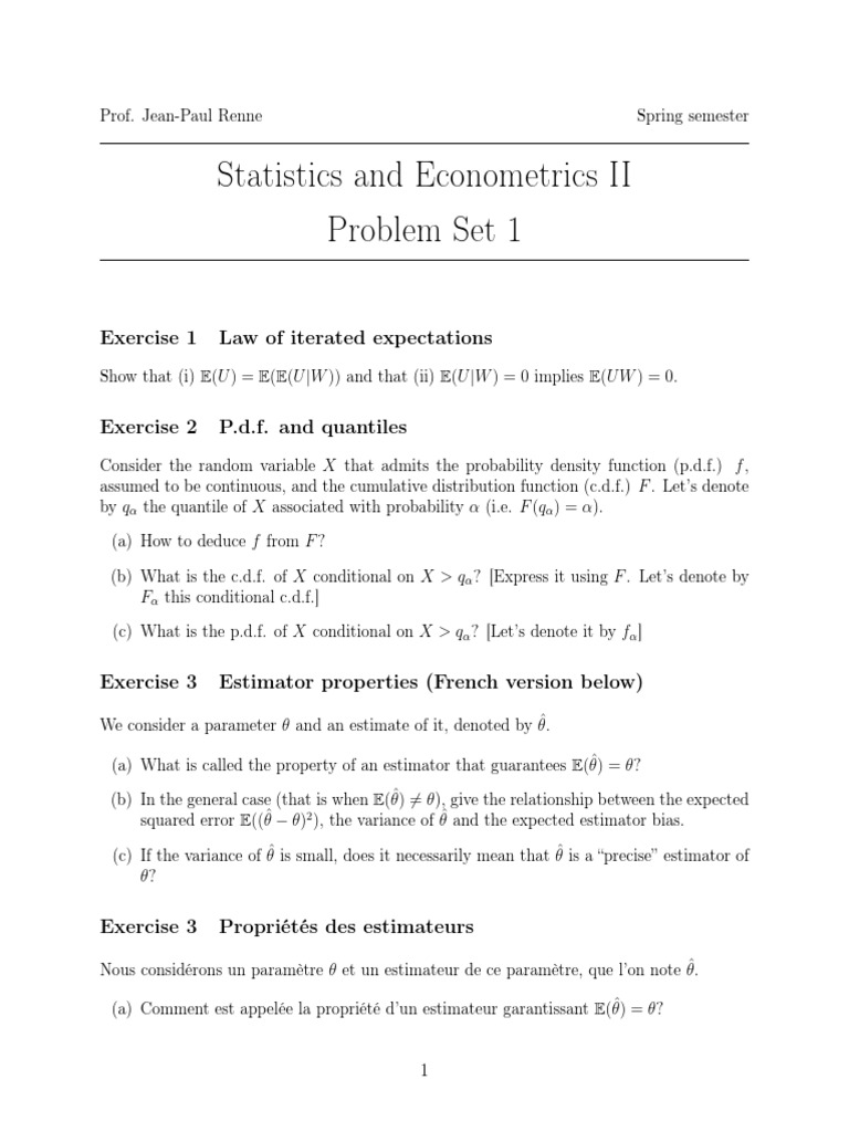 Statistics and Econometrics II Problem Set 1 Explained | PDF | Estimator | Probability Density ...
