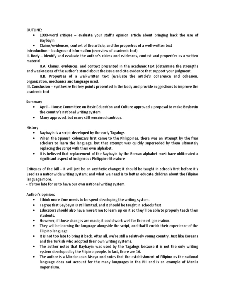 BAYBAYIN Critique Outline | PDF | Tagalog Language | Cognition