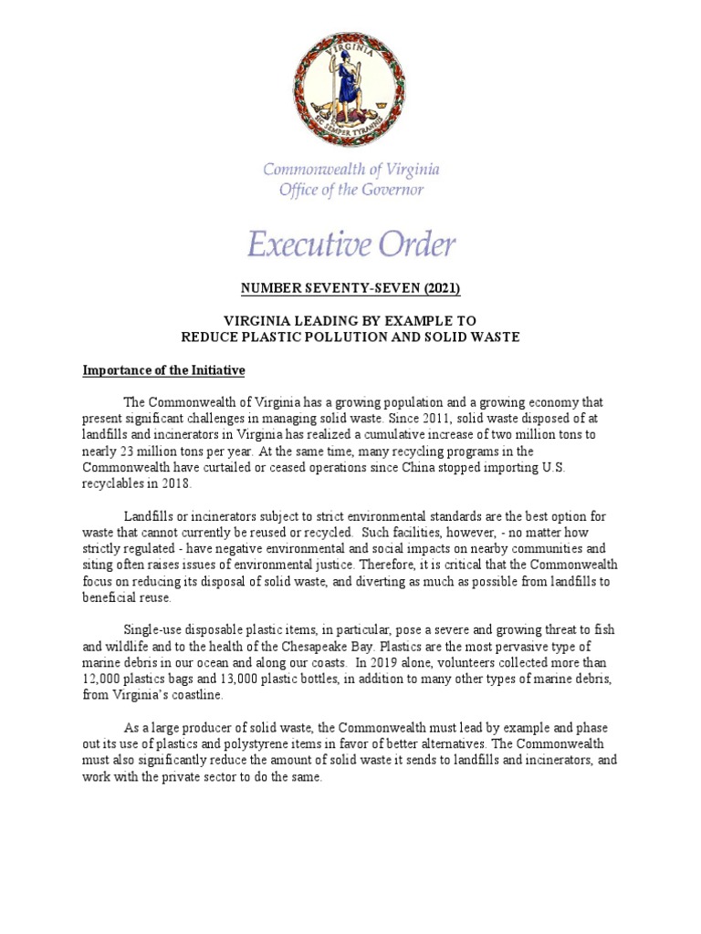 EO 77 Virginia Leading by Example To Reduce Plastic Pollution and Solid ...