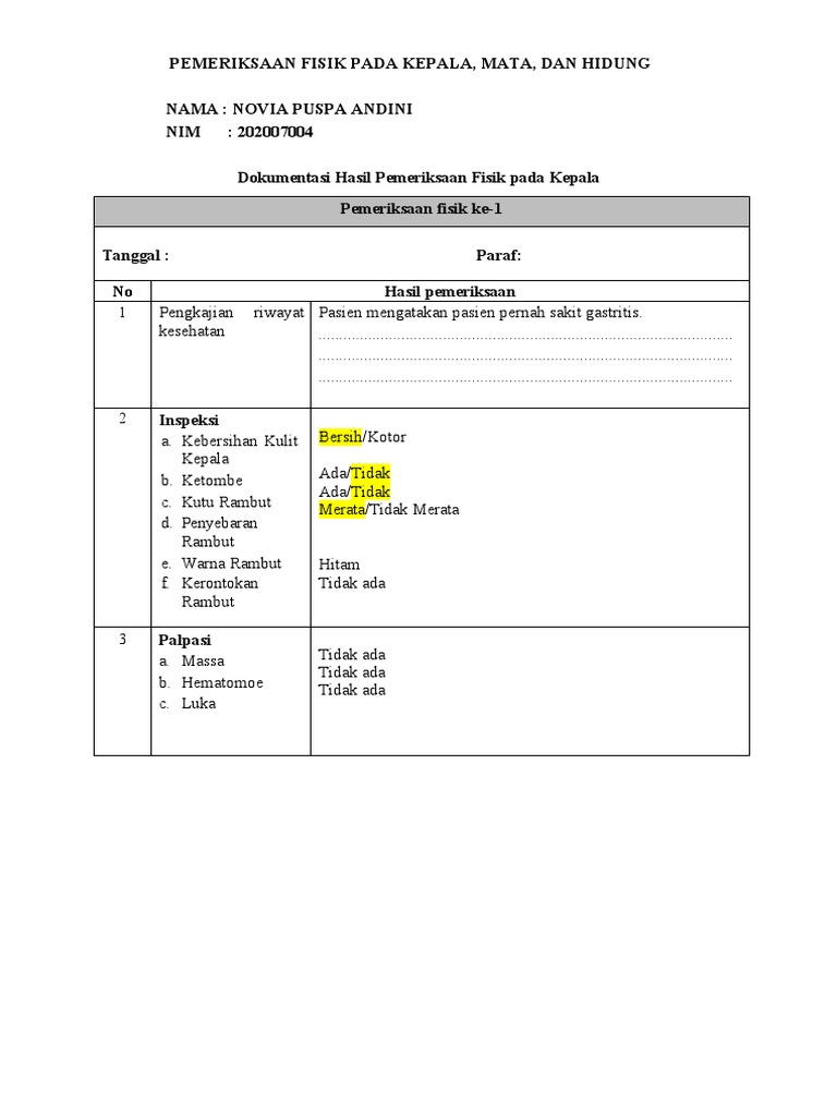 Hasil Pemeriksaan Fisik Pada Kepala, Mata, Hidung | PDF Hasil Pemeriksaan Fisik Pada Kepala, Mata, Hidung | PDF