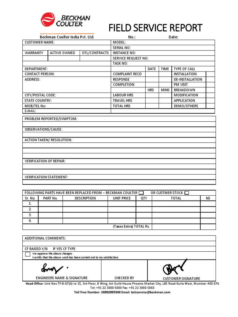 Field Service Report: Beckman Coulter India Pvt. Ltd. No.: Date | PDF ...