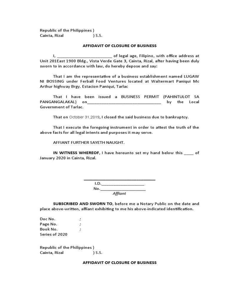 Affidavit of Closure of Business | PDF | Affidavit | Legal Procedure