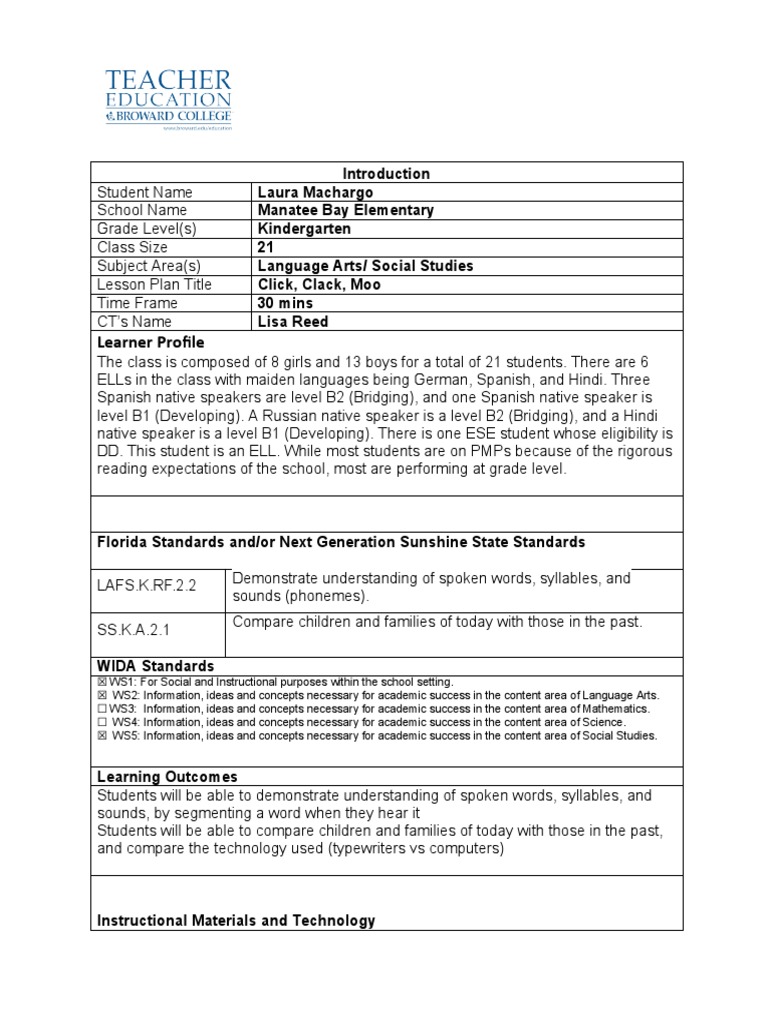 Click, Clack, Moo Lesson Plan Overview | PDF | Learning | Linguistics