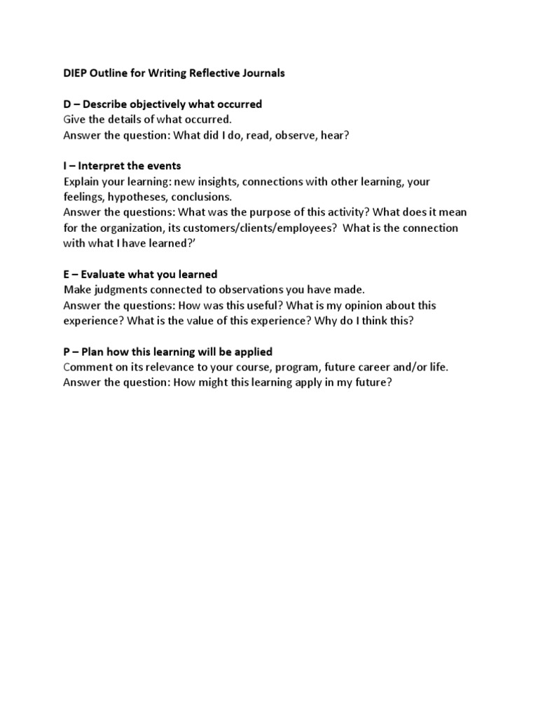 DIEP Outline For Writing Reflective Journals | PDF