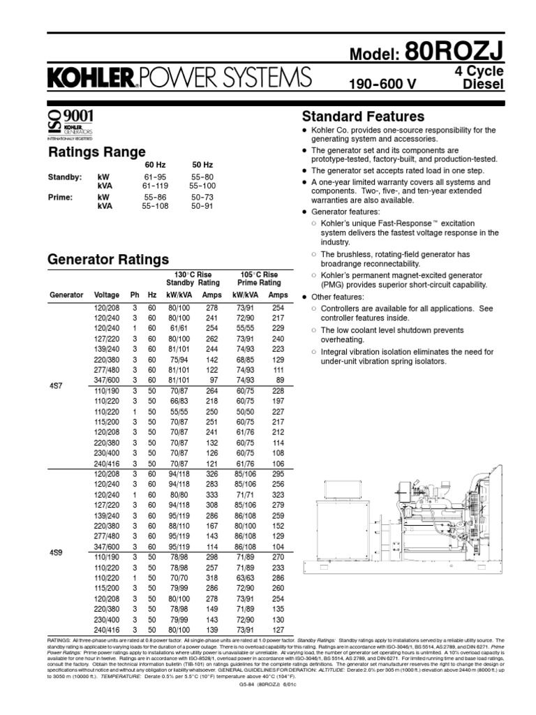 Kohler Model 80rozj Spec Sheet | PDF | Engines | Electric Generator