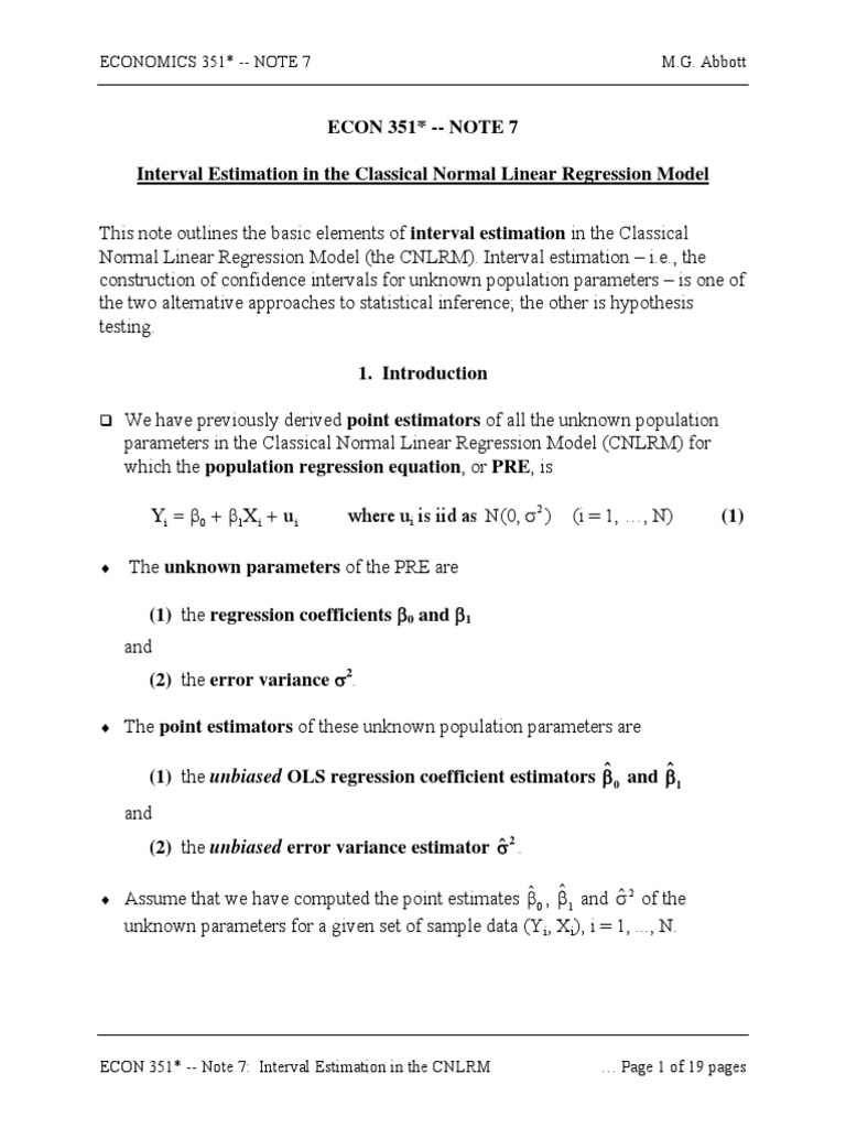 ECON 351 - NOTE 7 Interval Estimation in The Classical Normal Linear Regression Model | PDF ...