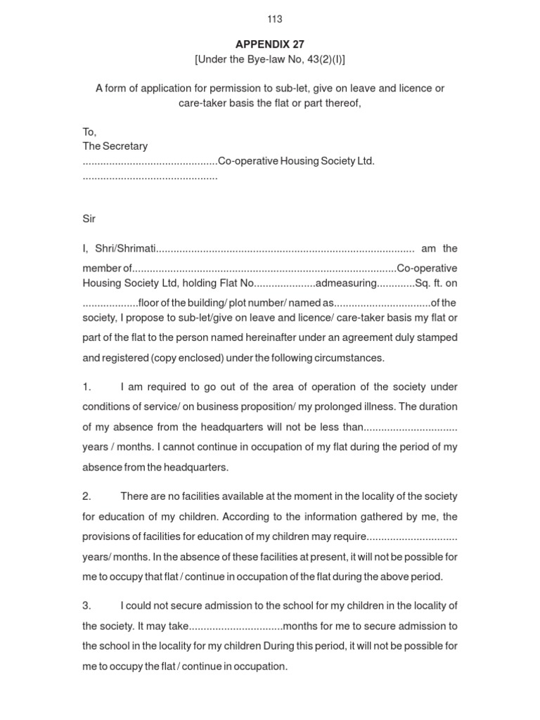 APPENDIX 27 A Form of Application For Permission To Sub Let Give On ...