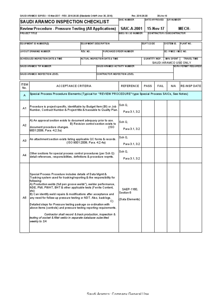 Saudi Aramco Inspection Checklist: Review Procedure - Pressure Testing ...