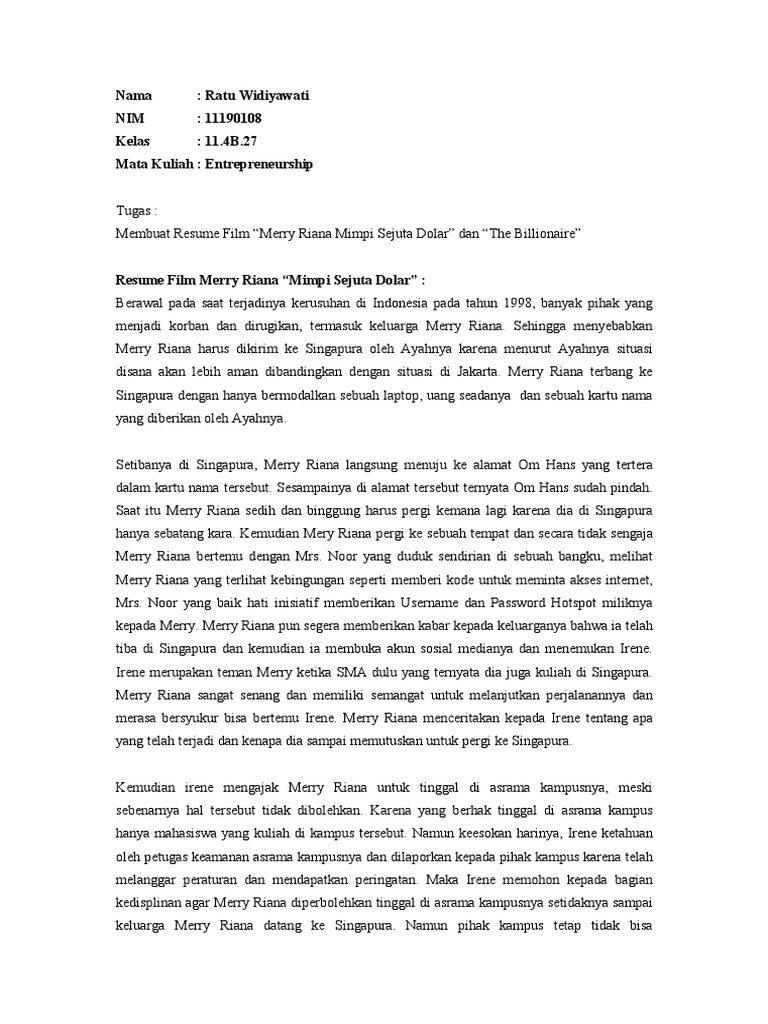 Meet 1 Ratu Widiyawati 11190108 - Tugas Resume Film Merry Riana & The ...