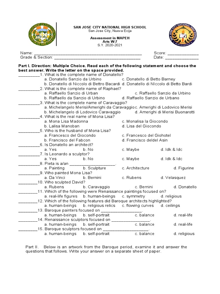 Renaissance Art Assessment Quiz | PDF | Raphael | Leonardo Da Vinci