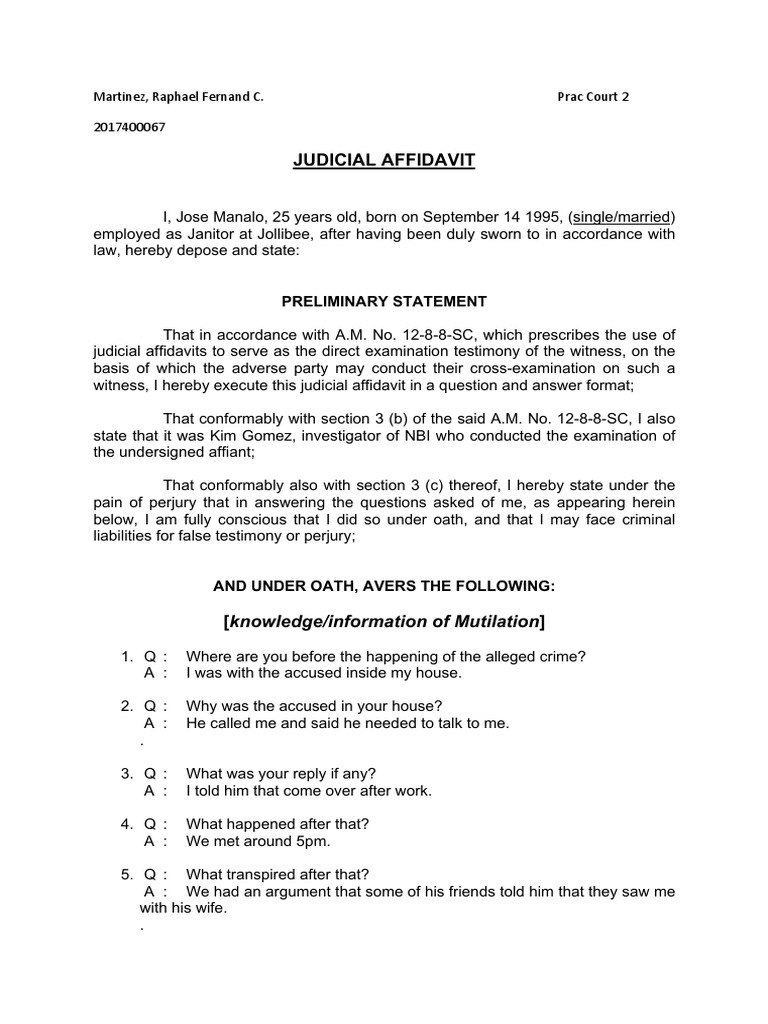 Judicial Affidavit: Preliminary Statement | PDF | Affidavit | Perjury