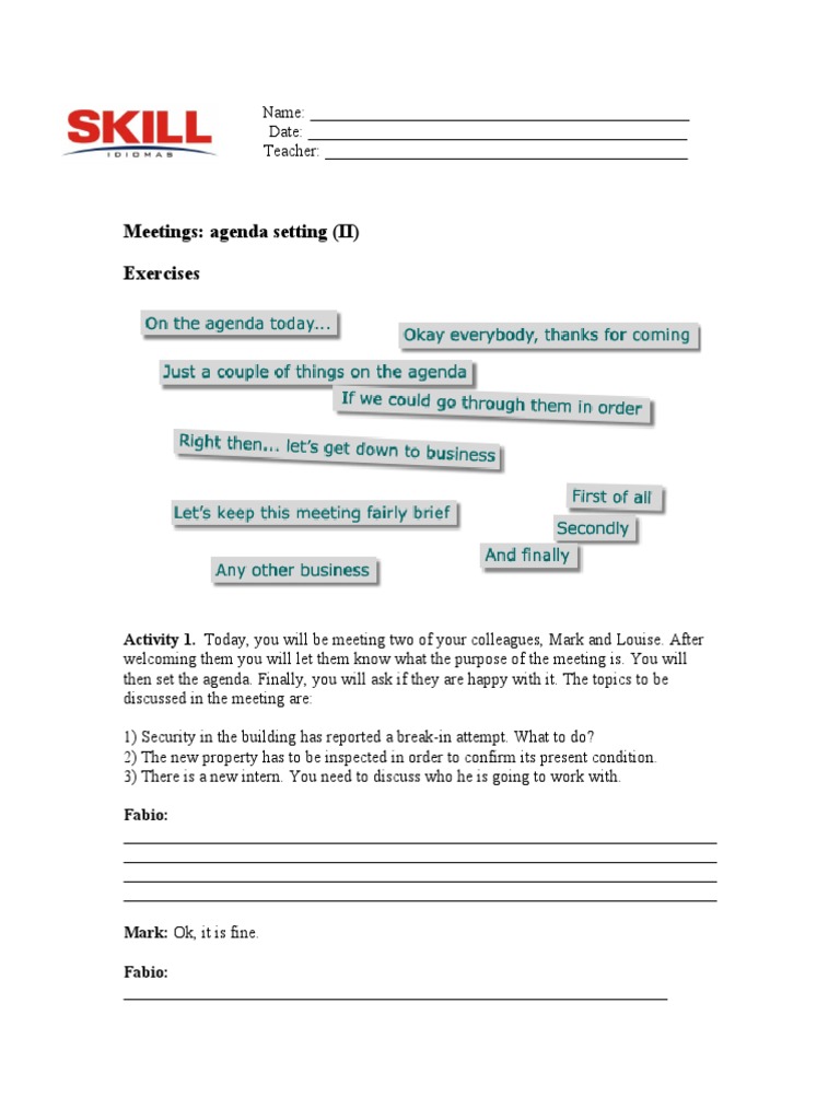 Meetings Agenda Setting I Exercises | PDF