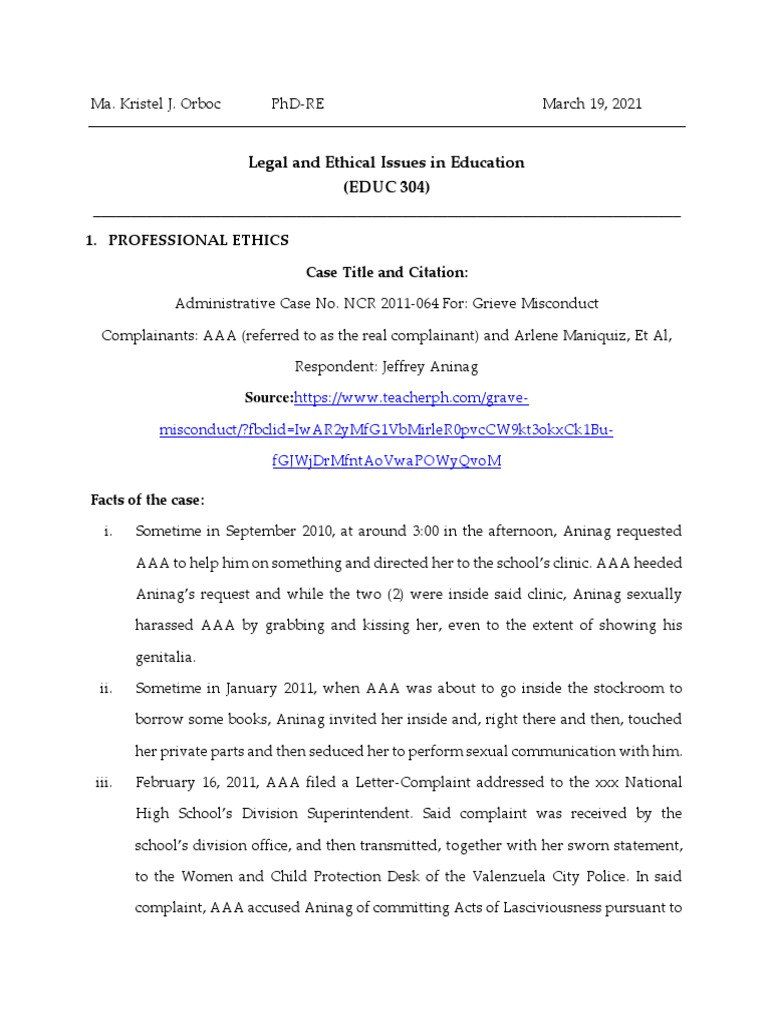 Legal and Ethical Issues in Education Provisions | PDF | Working Time ...
