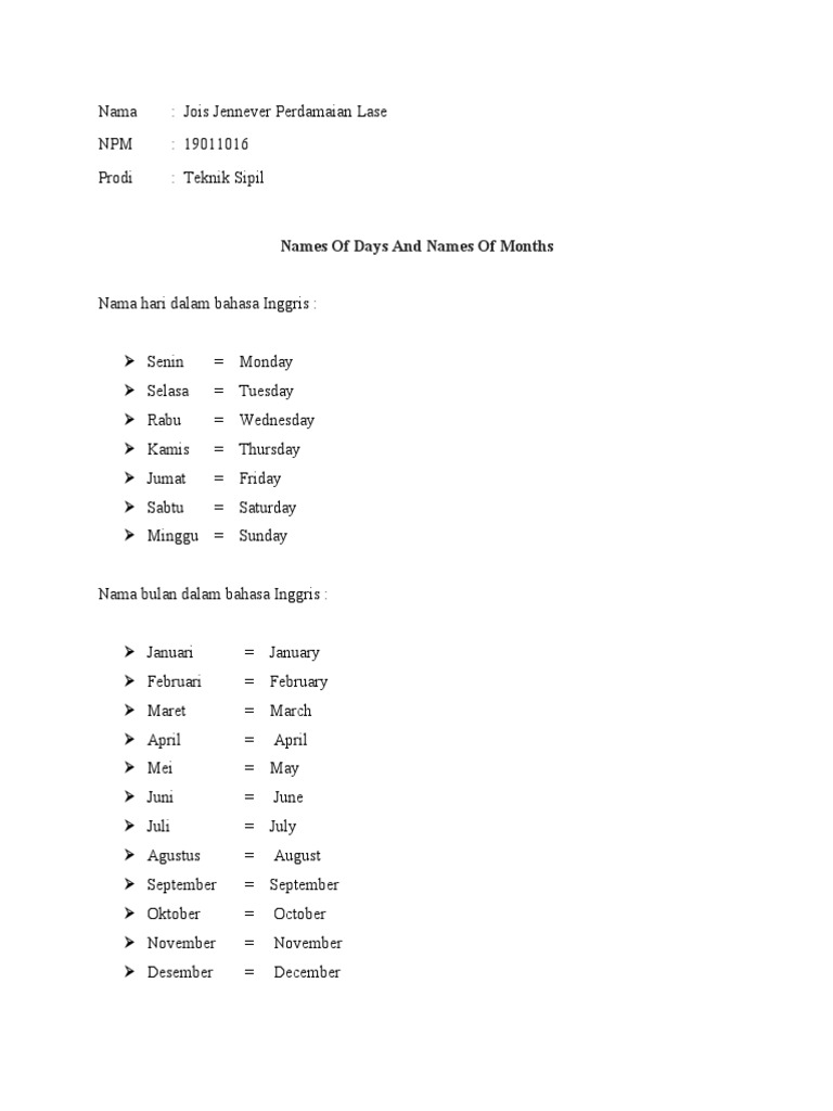 B. Inggris (Nama Hari Dan Bulan) | PDF