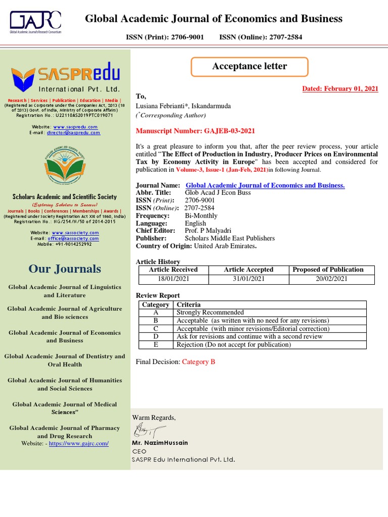 Acceptance Letter GAJEB-03-2021 | PDF | Academic Journal | Public Sphere