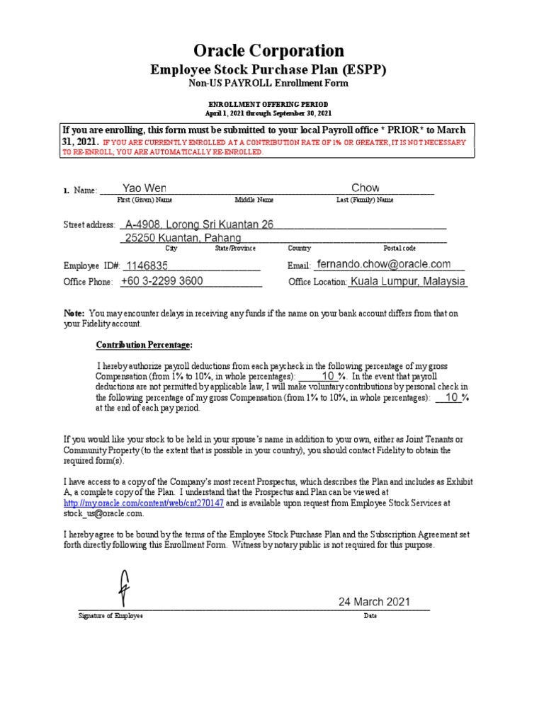 0921 Non-US ESPP Enrollment Form-Signed | PDF | Payroll | Stocks