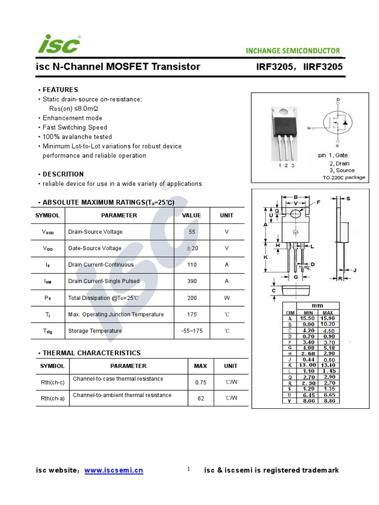 Isc N-Channel MOSFET Transistor: IRF3205 IIRF3205 | PDF | Field Effect ...