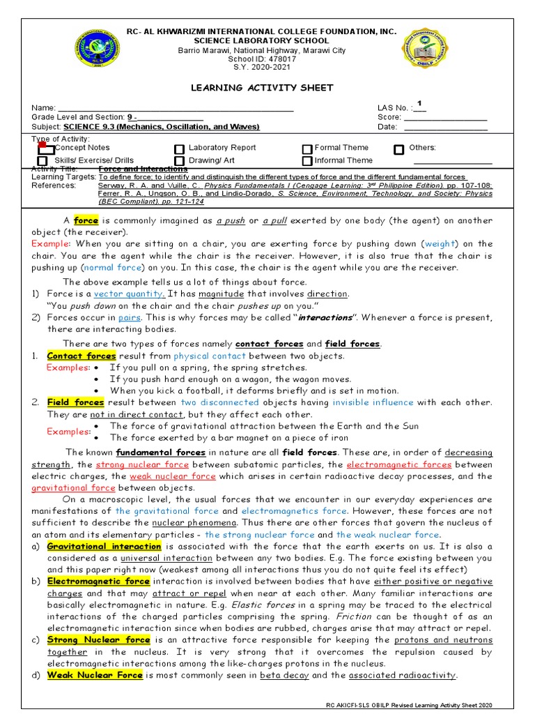 PHYSICS G9 1stquarter Week1 2 LAS 1 6 2020 2021 | PDF | Nuclear Force ...