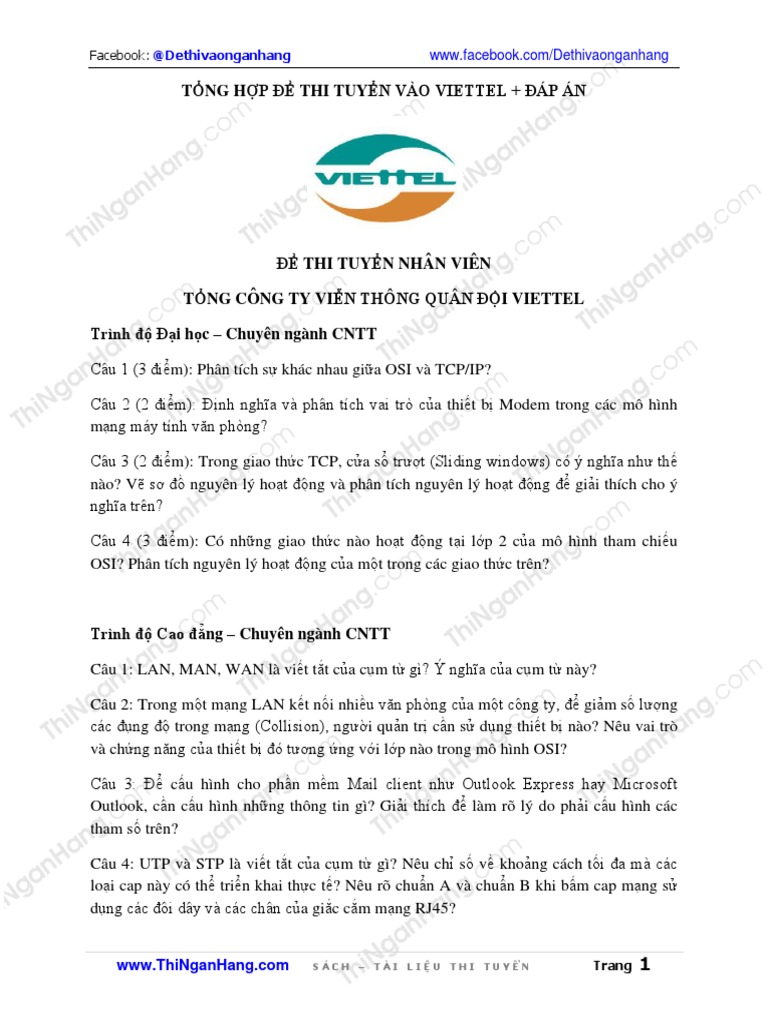 Tong Hop Mot So de Thi Tuyen Viettel NV Ky Thuat Co Dien | PDF