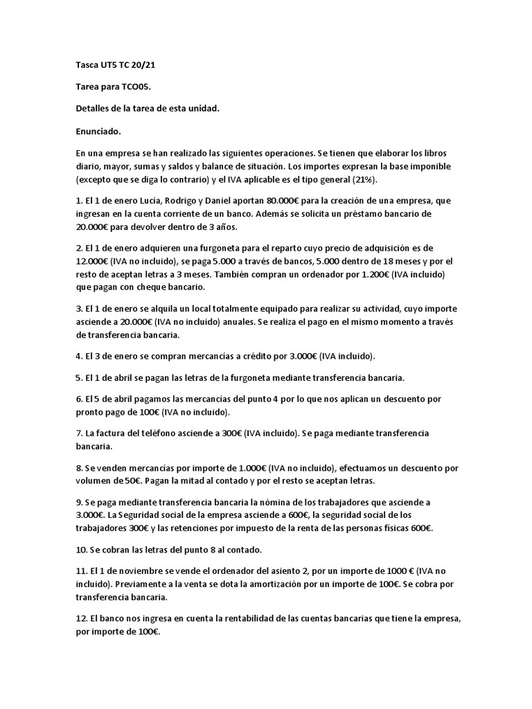 Enunciado Tarea UD5 | PDF | Transferencia bancaria | Amortización (Negocio)