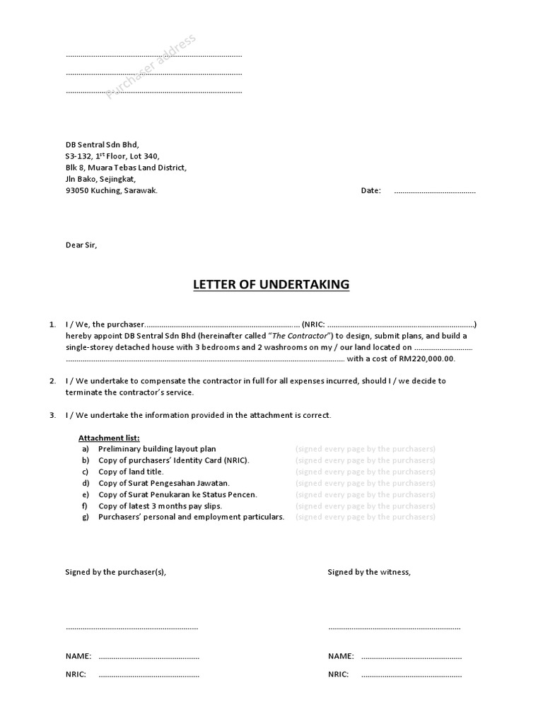 Letter of Undertaking for House Construction | PDF