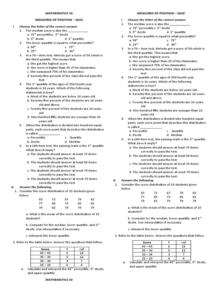 Mathematics 10 Measures of Position - Quiz Measures of Position - Quiz ...