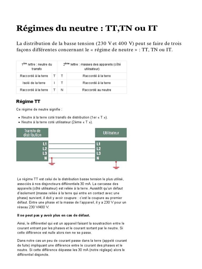 Régimes de neutre en basse tension | PDF | Électricité | Ingénierie de ...