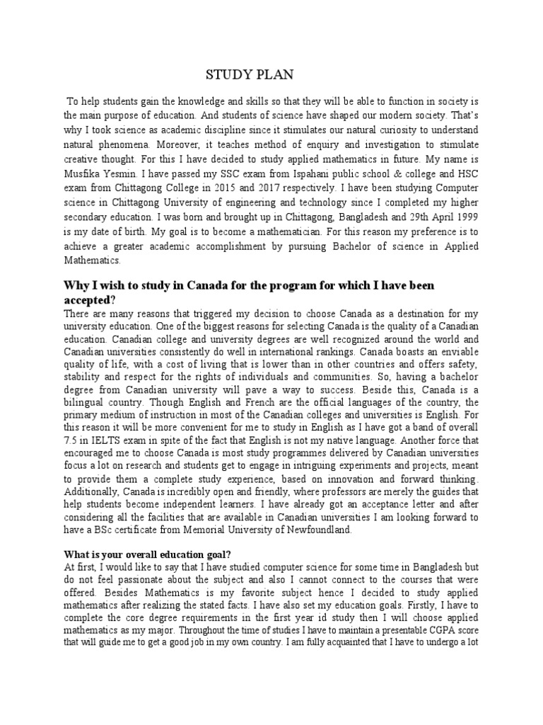 Study Plan: Why I Wish To Study in Canada For The Program For Which I ...