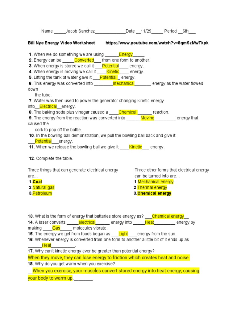 Bill Nye Energy Video Worksheet | PDF | Quantity | Chemistry