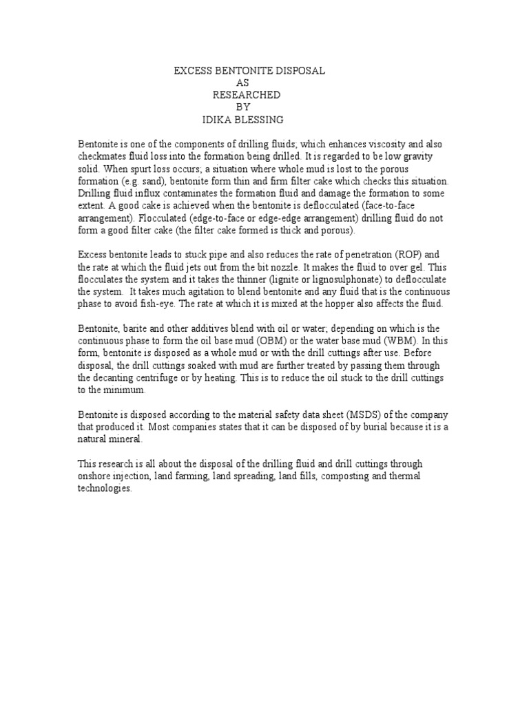 Excess Bentonite Disposal Methods | PDF | Waste Management | Landfill