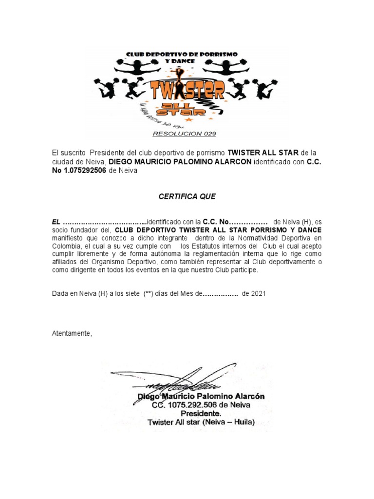 Certificado Formato Club Deportivo de Porrismo Twister | PDF