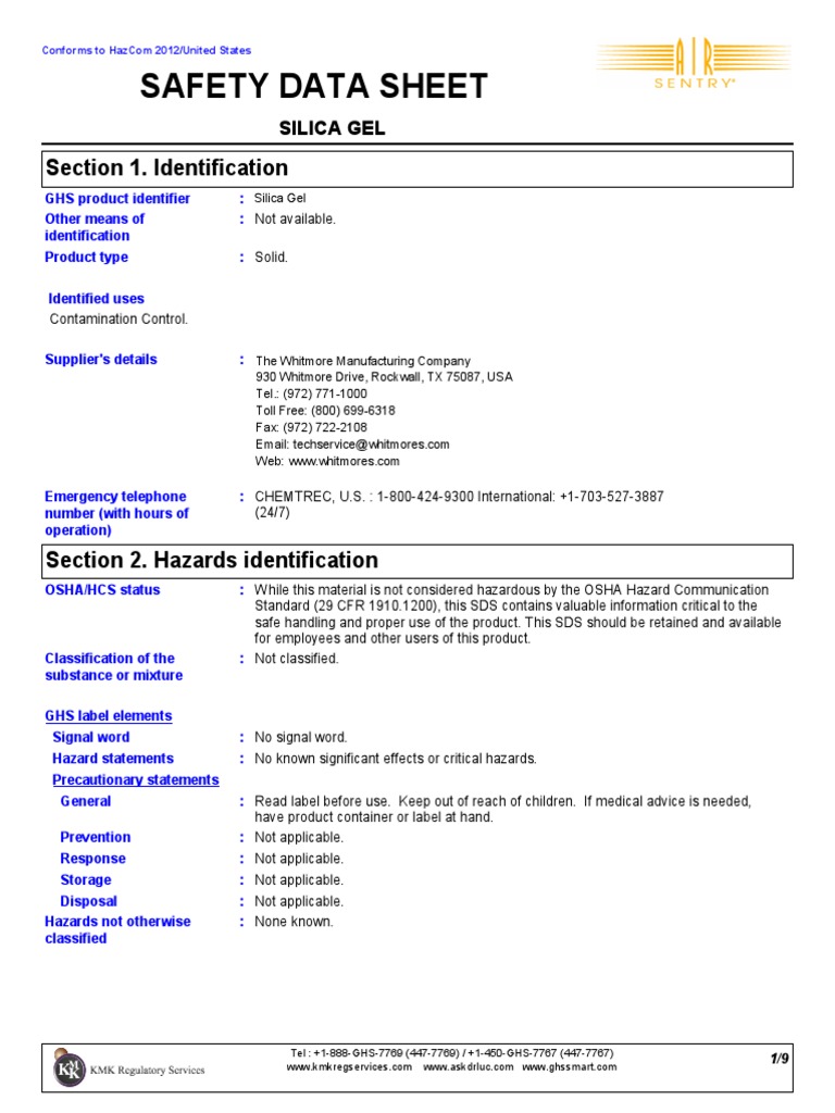 SDS Air Sentry Silica Gel | PDF | Firefighting | Waste Management