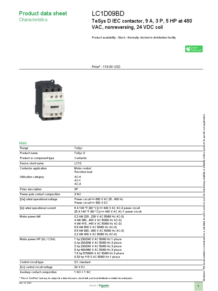 TeSys D Contactors - LC1D09BD | PDF | Alternating Current | Electric Motor
