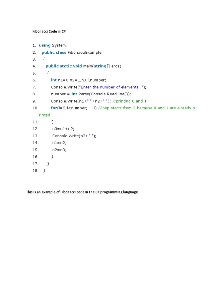 Fibonacci Code in C#: Using Public Class | PDF