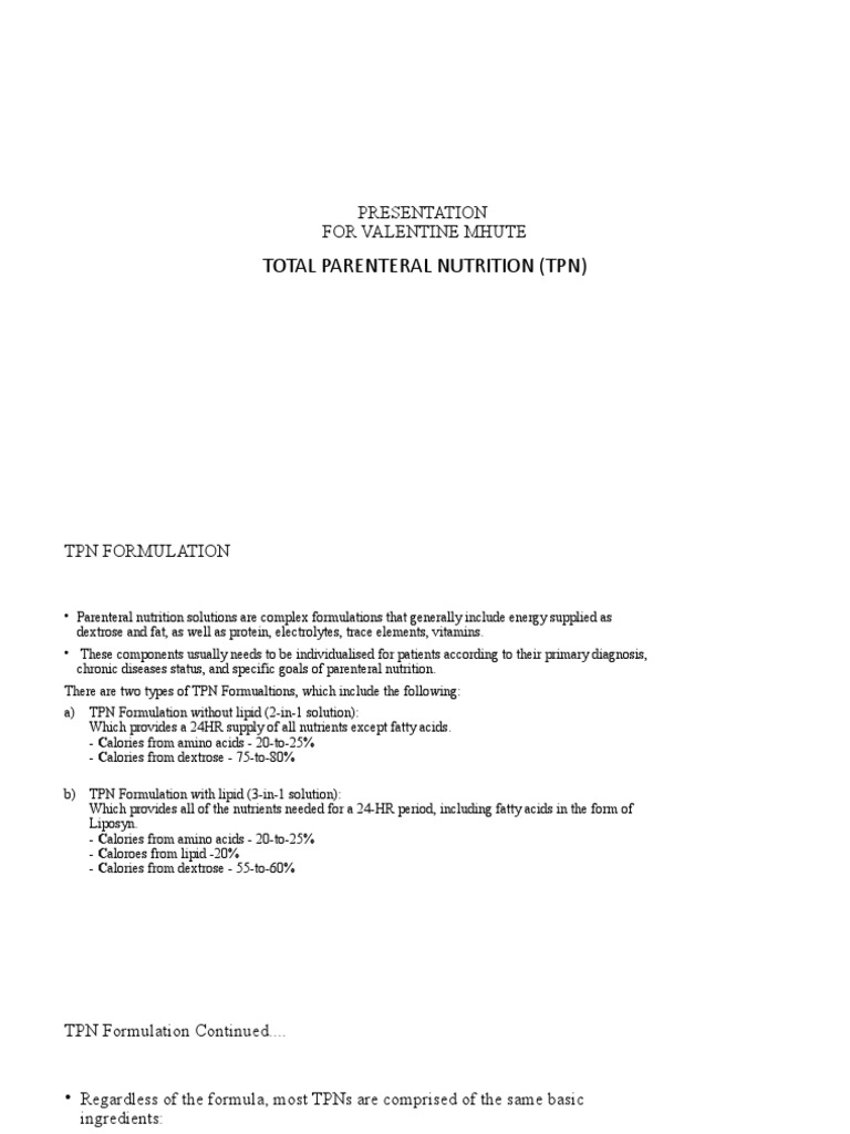 Van Mhute - TPN Formulations | PDF | Determinants Of Health | Biology