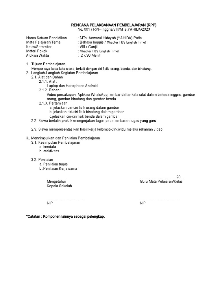 Format RPP K13 Tahun 2020 - 1 | PDF