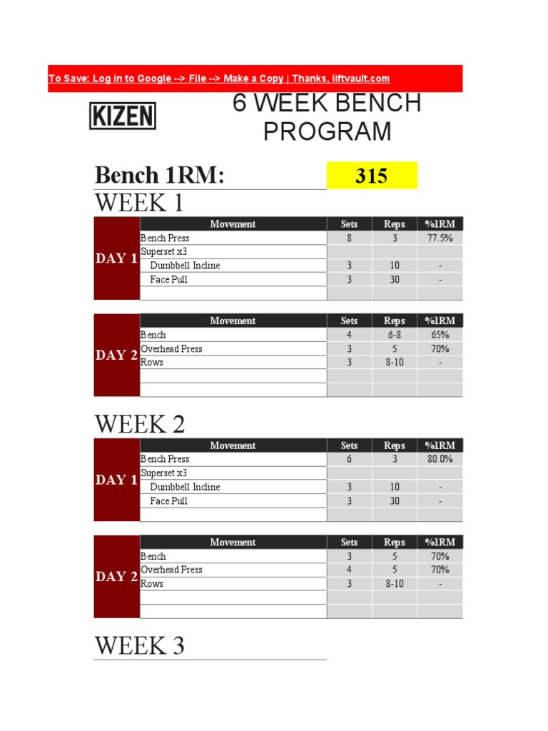 KIZEN 6 Week Bench Program | PDF | Hobbies | Weight Training