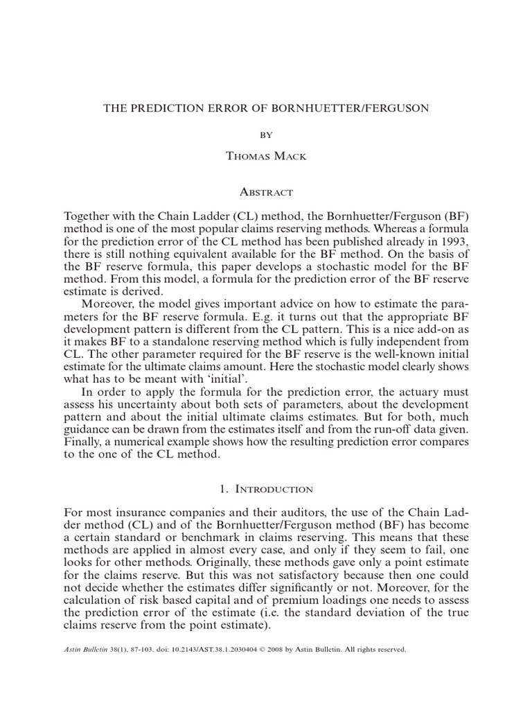 The Prediction Error of Bornhuetter/Ferguson: BY Homas ACK | PDF ...