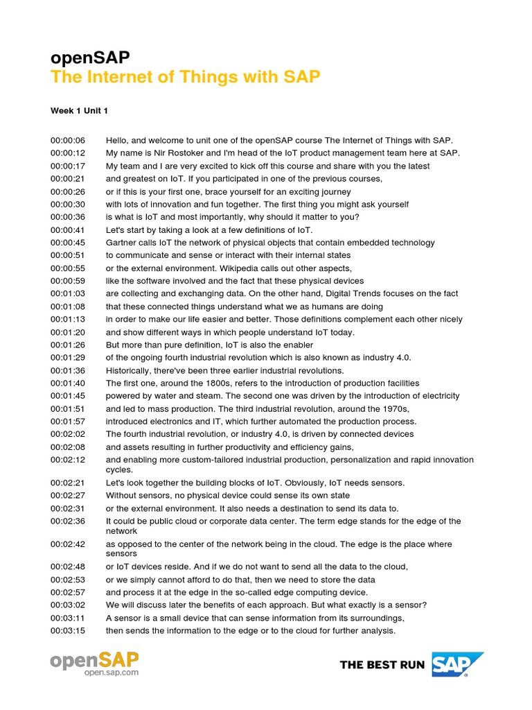 OpenSAP Iot4 Week 1 Transcript en | PDF | Internet Of Things | Cloud Computing