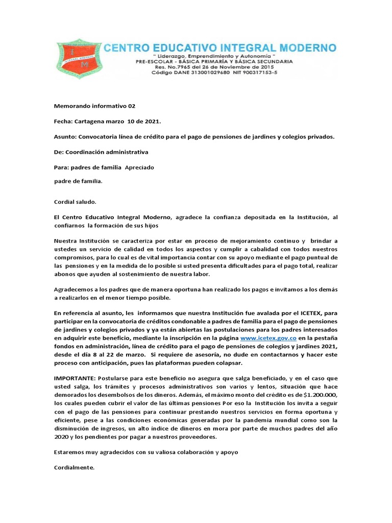 Memorando Informativo Icetex | PDF | Negocios | Finanzas y dinero